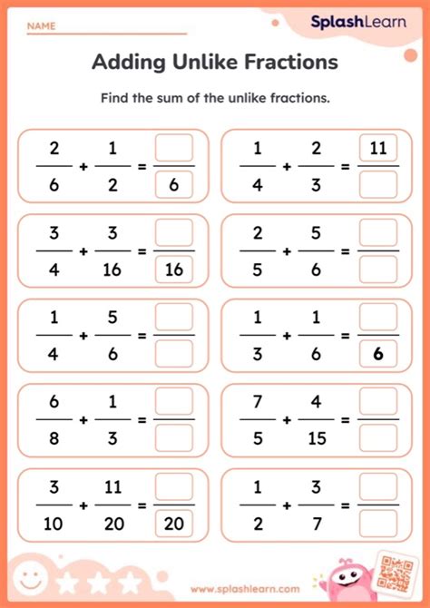 Add Unlike Fractions Worksheets Free And Printable Splashlearn