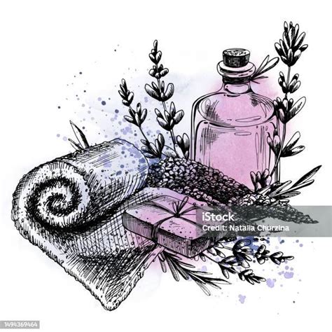 바다 목욕 소금 수건 비누 라벤더 꽃 병 손으로 그린 그림 수채화 얼룩과 물보라가 있는 그래픽 흰색 배경에 격리된 구성입니다 건강관리와 의술에 대한 스톡 벡터 아트 및 기타