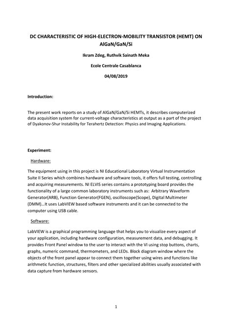 PDF DC CHARACTERISTIC OF HIGH ELECTRON MOBILITY TRANSISTOR HEMT ON