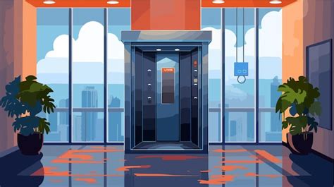 A Cartoon Of A Building With A Red Door And A Red Sign That Says The Exit Premium AI Generated