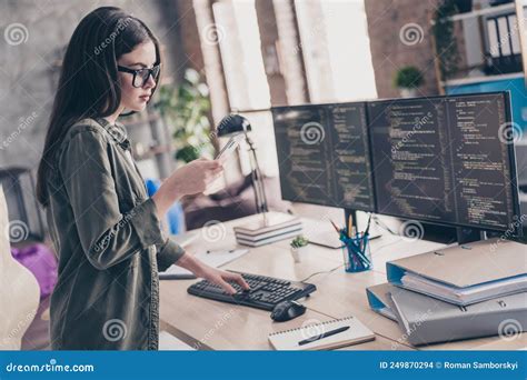 Profile Side View Portrait Of Attractive Girl Web Developer Using Gadget App Writing Code Task