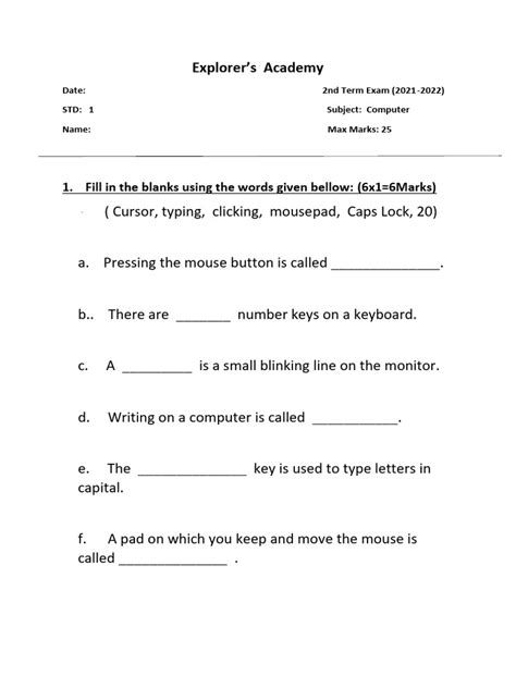 Class1 Computer Question Paper Term 2 Pdf