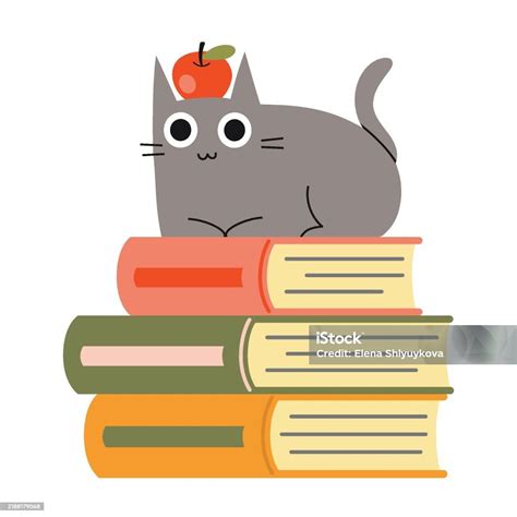 귀여운 고양이와 책 더미 학교와 학습의 개념 트렌디 한 현대 벡터 일러스트 레이 션은 흰색 배경에 고립되어 있으며 손으로 그린 평면 디자인 개념에 대한 스톡 벡터 아트 및