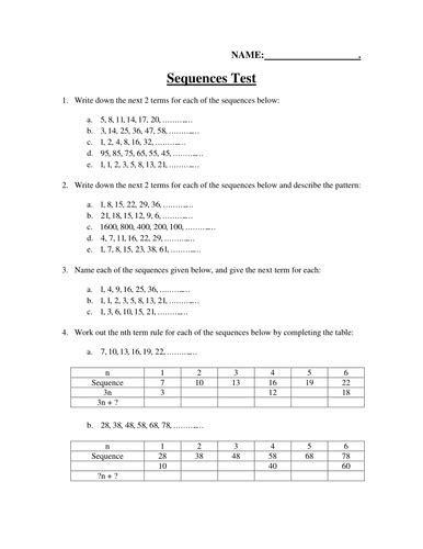 Sequences Test Teaching Resources