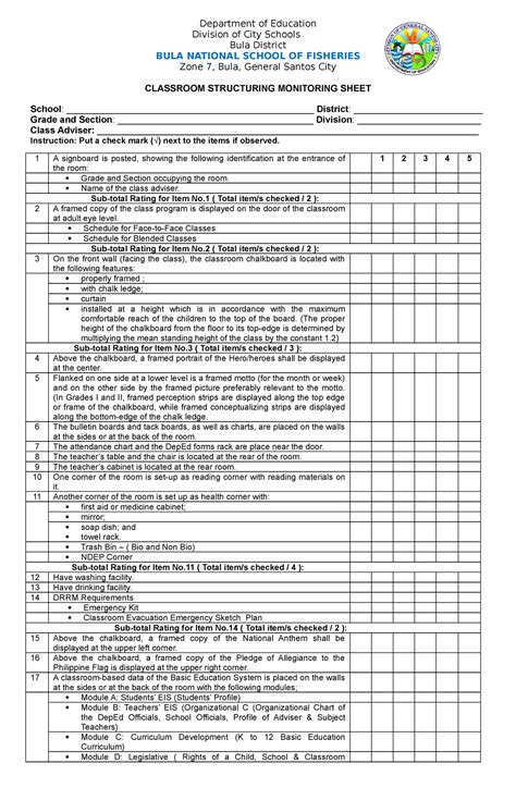Classroom Structuring Monitoring Sheet March 2022 1 1 Department Of