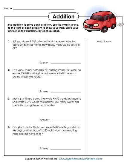 Word Problems 4 Digit Addition Printable Pdf Worksheet