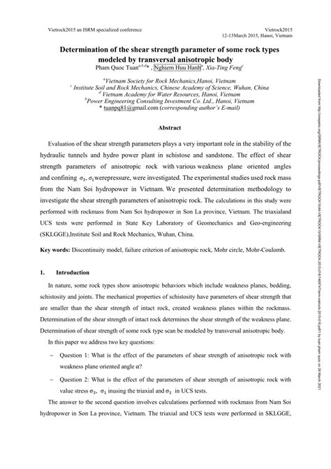 Pdf Determination Of The Shear Strength Parameter Of Some Rock Types Modeled By Transversal