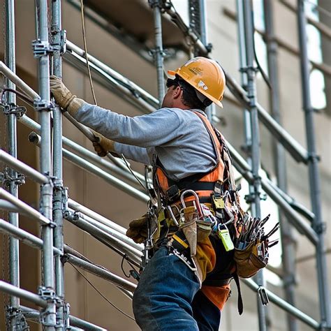 Construction Worker Assembling Scaffolding On Building Exterior