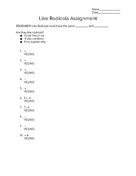 Like Radicals Assignment Adding Subtracting Radicals TPT
