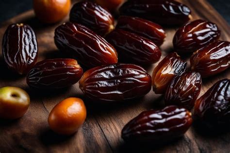 A Close Up Of A Bunch Of Dates On A Wooden Table Premium Ai Generated