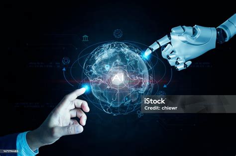 기술 사람들 개념 남자는 Ai를 사용하여 일을 돕고 인공 지능 학습 비즈니스 현대 기술 인간의 손으로 만지는 글로벌 네트워크 및 Ai와의 데이터 교환 개발에 대한 스톡 사진