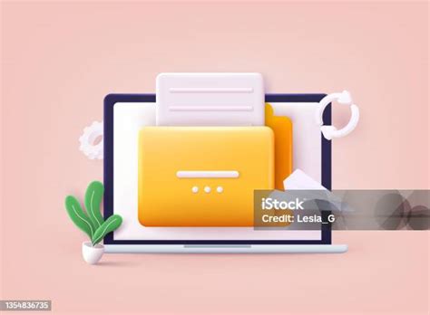 파일이 있는 노란색 폴더입니다 파일 전송 개념입니다 컴퓨터 모니터에 문서가 있는 노란색 폴더입니다 3d 벡터 일러스트레이션 테크놀로지에 대한 스톡 벡터 아트 및 기타 이미지