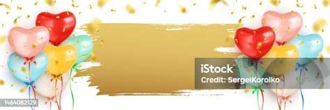 흰색 배경에 하트 모양의 헬륨 풍선이 있고 중앙에 황금 획이 있는 배너 다른 색상의 하트 아이콘입니다 발렌타인 데이 인사말 배너 디자인 서식 파일 3차원 형태에 대한 스톡