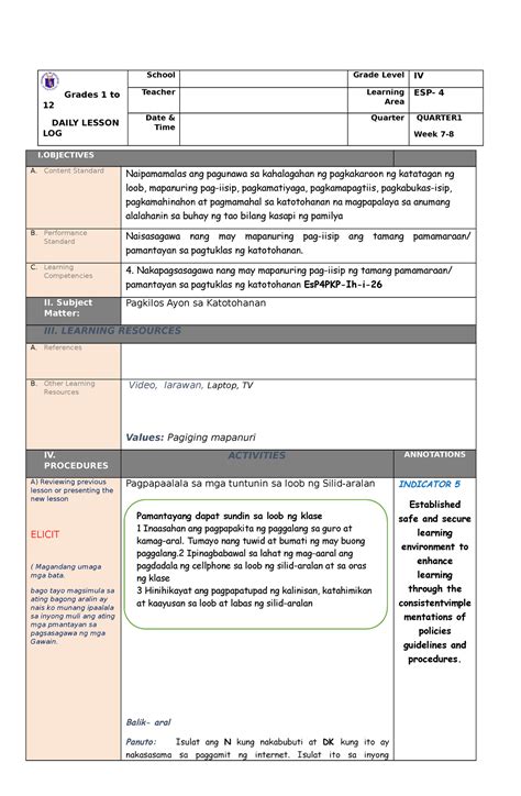 Cot Esp Week 7 8 Q 1 Cot Grades 1 To 12 Daily Lesson Log School