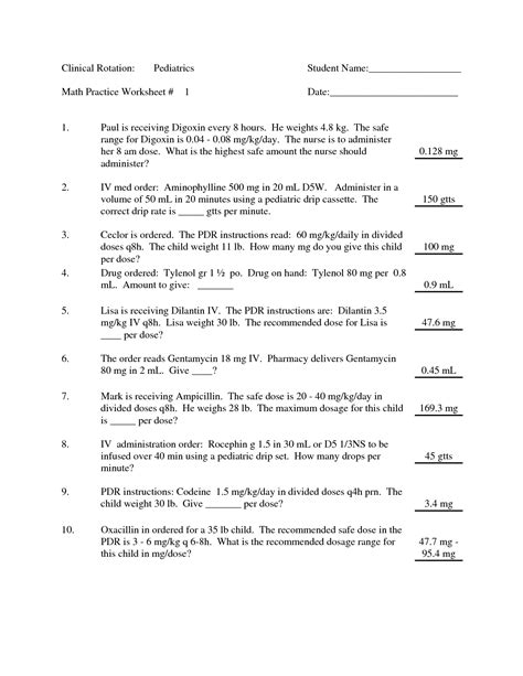 Dosage Calculations Practice Worksheets
