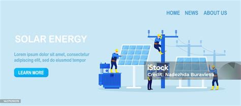사람들은 태양 전지판 시스템을 설치하고 구성합니다 전기 설비 전력선을 수리하는 유틸리티 작업자 녹색 재생 에너지 지구 온난화