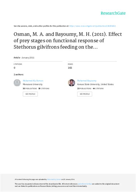 Pdf Osman M A And Bayoumy M H 2011 Effect Of Prey Stages On