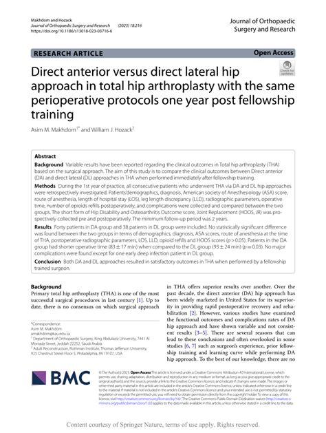 Pdf Direct Anterior Versus Direct Lateral Hip Approach In Total Hip Arthroplasty With The Same