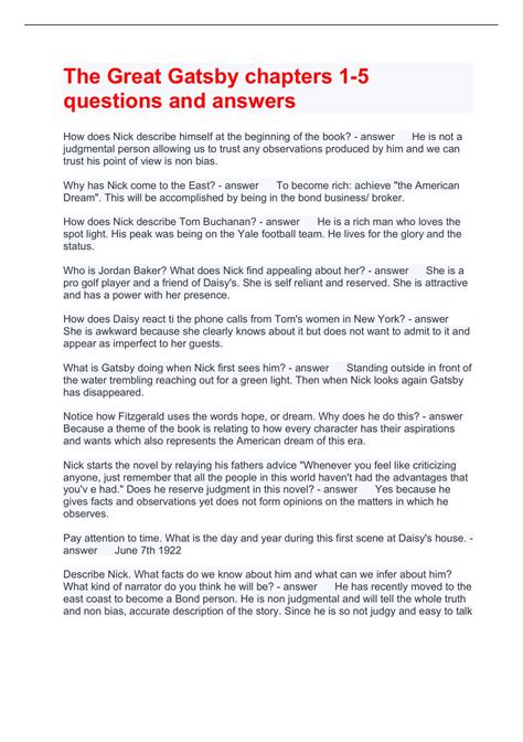 the great gatsby chapters 1 5 questions and answers the great gatsby