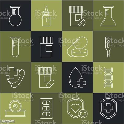 십자가 Dna 기호 디지털 온도계 약병 및 알약 시험관 플라스크 및 또는 태블릿 아이콘이 있는 라인 의료 방패를 설정합니다 벡터 건강 진단에 대한 스톡 벡터 아트 및 기타