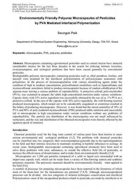 Environmentally Friendly Polyurea Microcapsules Of Pesticides By Pva Mediated Interfacial
