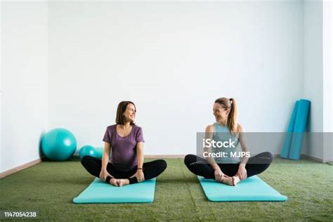 피트 니스 볼과 필 라 테 스 운동을 하 고 임신 한 여자 코치 출산을 준비 하는 행복 한 미래 어머니 요가에 대한 스톡 사진 및 기타 이미지 Istock