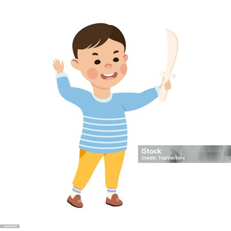 어린 소년 와 화난 찡그린 얼굴 누군가를 위협하는 것 와 장난감 검 벡터 일러스트 검에 대한 스톡 벡터 아트 및 기타 이미지 Istock