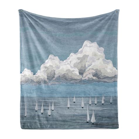 Blue Nautical Soft Flannel Fleece Blanket Sailboats In The Sea Landscape Scene Clouds Geometric