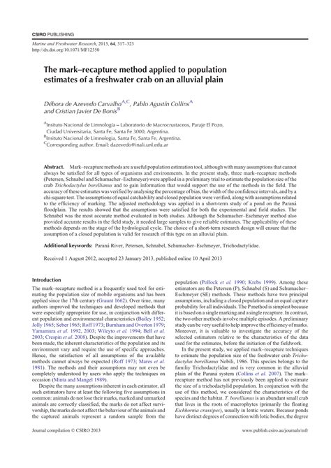 Pdf The Markrecapture Method Applied To Population Estimates Of A Freshwater Crab On An