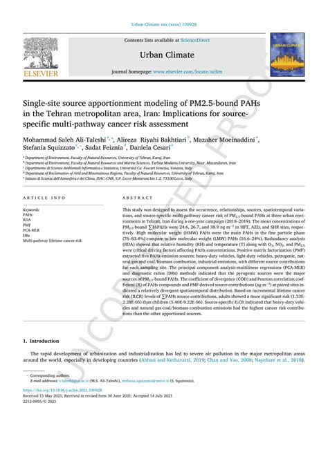 Pdf Single Site Source Apportionment Modeling Of Pm25 Bound Pahs In The Tehran Metropolitan
