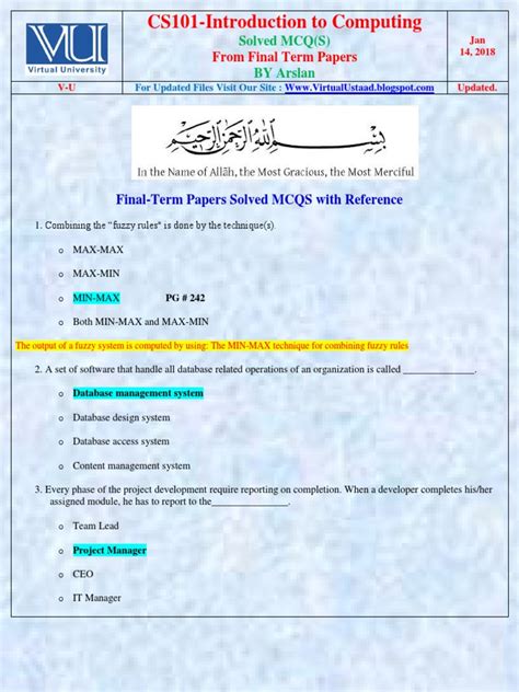 Cs101 Finalterm Mcqs With Reference Solved By Arslan Pdf Pdf