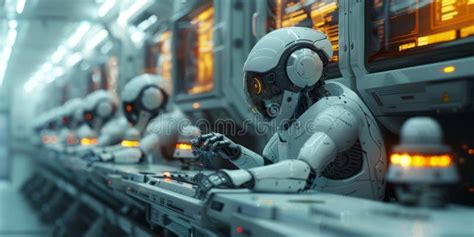 Robots Working On Assembly Line In A Futuristic Factory Stock Image