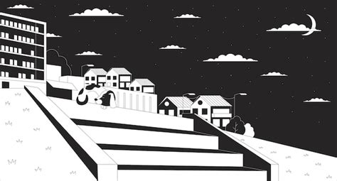언덕 계단 도시 경관에서 잠자는 개는 2d 만화 배경을 설명합니다 프리미엄 벡터