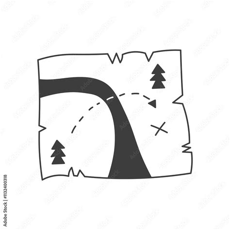 Old Map Doodle Illustration Simple Hand Drawn Navigation Guidance Direction Symbol With Ripped
