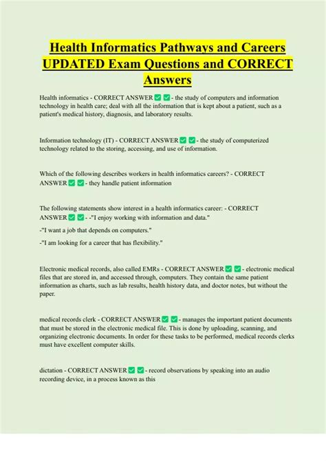 Health Informatics Pathways And Careers Updated Exam Questions And Correct Answers Health