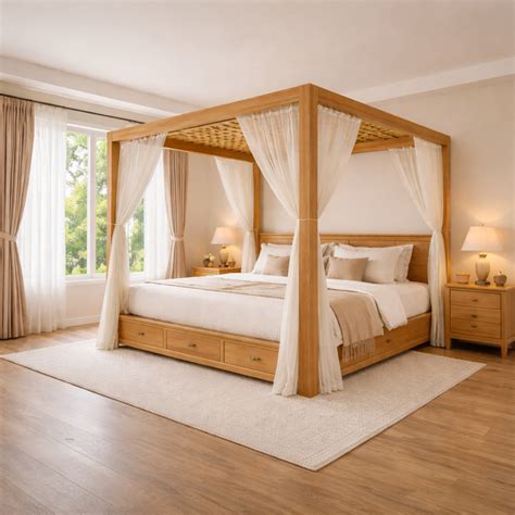 Modern Solid Wood Canopy Bed Frame With Storage Drawers And Sheer