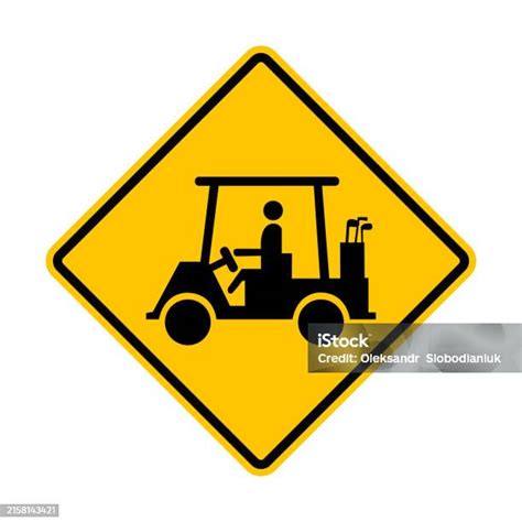 골프 자동차 도로 표지판입니다 도로 구간의 운동 골프 카트 골프 카트를 사용하는 골프 클럽 또는 주거 지역 근처 경고 노란색 도로 표지판 골프 카트에 대한 스톡 벡터 아트