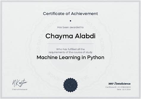 ِِchayma alabdi on linkedin certificate of achievement machine learning in python 365 data