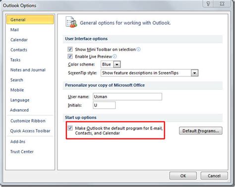 how to set outlook as default mail client