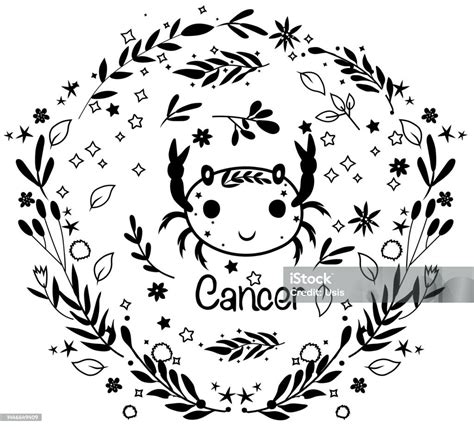 흑인과 백인 암 나뭇잎 꽃 별의 화려한 화환에 귀여운 조디악 귀여운 암 포스터 로고 카드에 적합합니다 점성술 암 조디악 벡터 그림입니다 0명에 대한 스톡 벡터 아트 및 기타