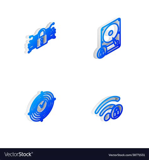 Set Isometric Line Hard Disk Drive And Lock Cyber Vector Image