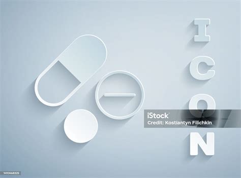 종이 잘라 약 알 약 또는 회색 배경에 격리 된 태블릿 아이콘 캡슐 알 약 및 약물 기호 약국 디자인 종이 아트 스타일 벡터 0명에 대한 스톡 벡터 아트 및 기타 이미지