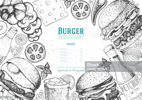 햄버거와 햄버거 재료 벡터 일러스트 레이 션 패스트 푸드 정크 푸드 프레임 미국 음식입니다 햄버거 레스토랑 메뉴 디자인에 대 한 요소입니다 새겨진된 스타일 이미지입니다