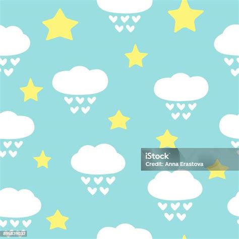 귀여운 아 이들이 완벽 한 패턴입니다 별과 하트의 형태로 빗방울과 구름 구름에 대한 스톡 벡터 아트 및 기타 이미지 구름 귀여운 날씨 Istock