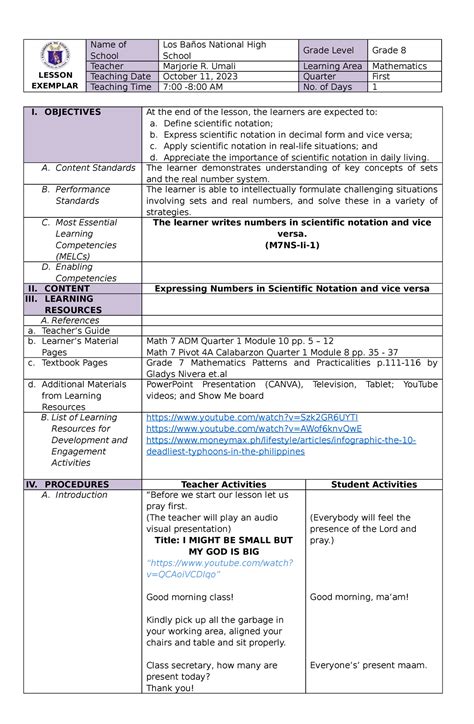 Lesson Plan About Scientific Notation Lesson Exemplar Name Of School