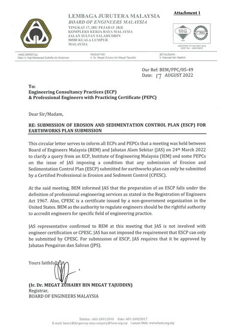 Bem Letter On “submission Of Erosion And Sedimentation Control Plan