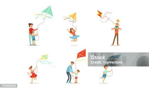 카이트 아웃도어 세트와 함께 즐거운 시간을 보내는 아이들 부모와 아이들은 공원 만화 벡터 일러스트레이션에서 함께 즐거운 시간을 보내고 있습니다 개체 그룹에 대한 스톡 벡터