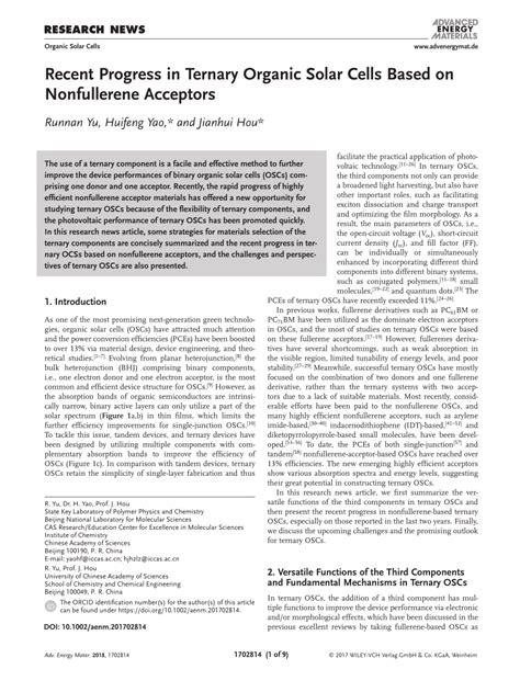 Pdf Recent Progress In Ternary Organic Solar Cells Based On Nonfullerene Acceptors