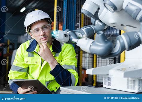 Man Engineer Using Teblet Control Robot Arm Automate Robotic Automation In Line Production At