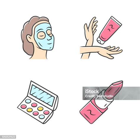 여성 위생 메이크업 컬러 아이콘 세트 스킨 케어 속성 화장품 액세서리 뷰티 살롱 제품 고립 벡터 일러스트레이션 페이스 마스크